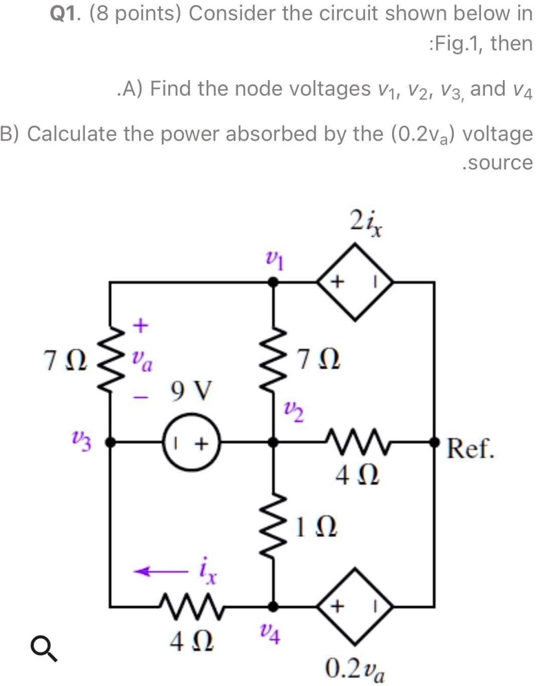 SOLVED: Q1. (8 points) Consider the circuit shown below in Fig.1, then A) Find the node voltages ...