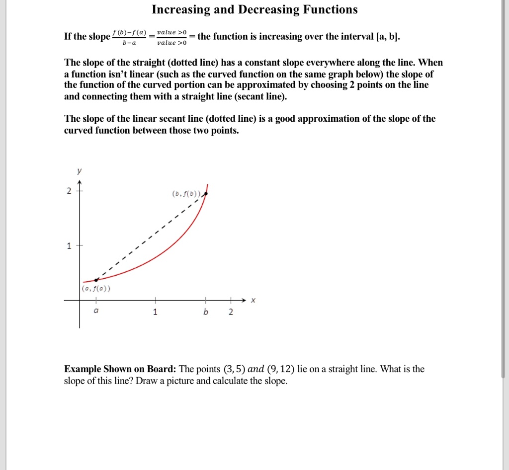 SOLVED: Increasing and Decreasing Functions b-a value>0 The slope of ...