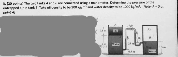 3. (20 points) The two tanks A and B are connected using a manometer. Determine the pressure of ...