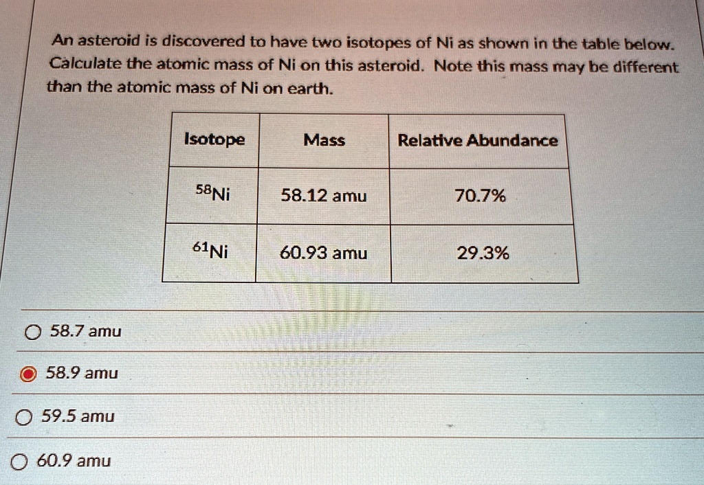 an asteroid is discovered to have two isotopes of ni as shown in the table below calculate the ...
