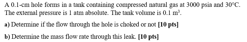 SOLVED: A 0.1-cm hole forms in a tank containing compressed natural gas ...