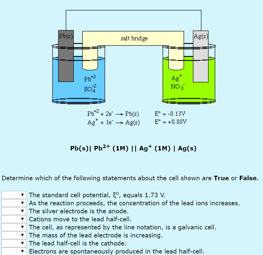 SOLVED: Pb(s) salt bridge JAg(s) AgNO3 PbSO4 Pb+2 + 2e- â†’ Pb(s) Ag+ ...