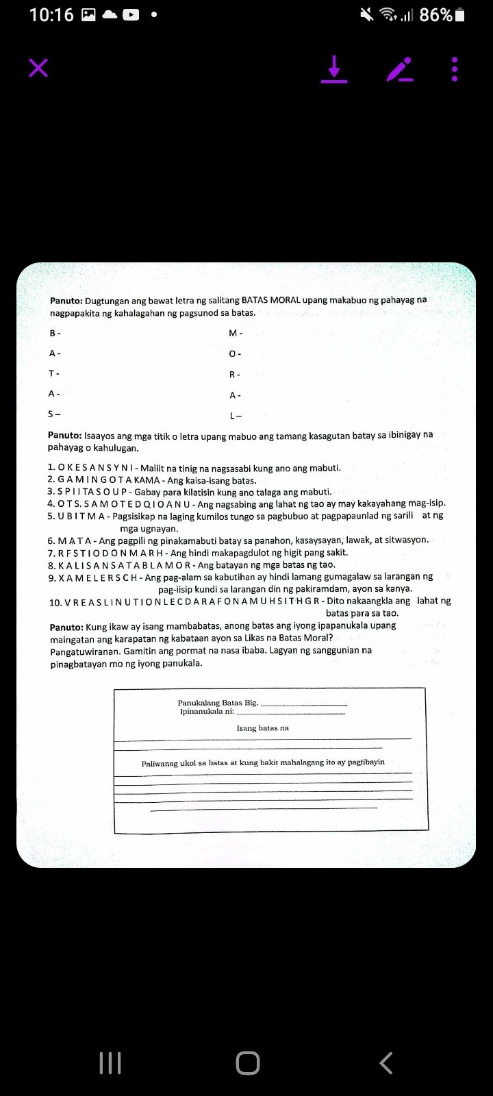 10:16 ??, 11 86% Panuto: Dugtungan ang bawat letra ng salitang BATAS ...