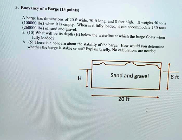 Buoyancy of a Barge 15 points A barge has dimensions of 20 ft wide, 70 ...