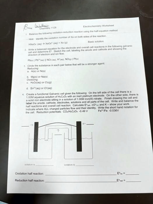 B Electrochemistry Worksheet Chemistry 1128 1. Balance the following ...