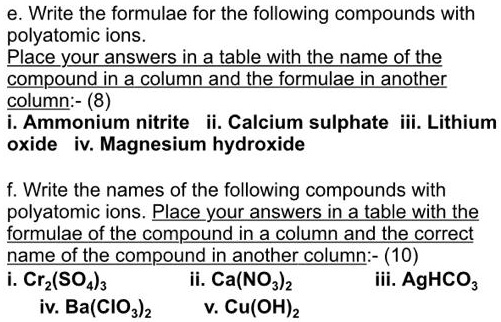 SOLVED: e. Write the formulas for the following compounds with ...