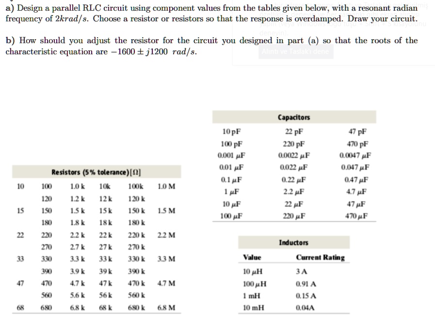 SOLVED: a) Design a parallel RLC circuit using component values from the tables given below ...