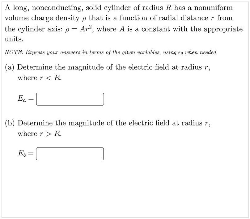 a long nonconducting solid cylinder of radius r has a nonuniform volume charge density p that is ...