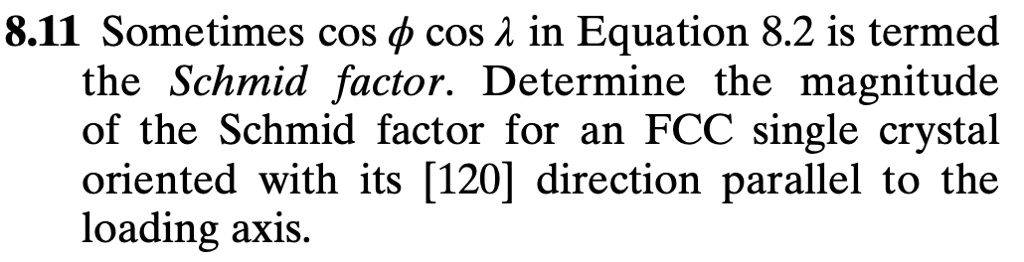SOLVED: 8.11 Sometimes cos o cos a in Equation 8.2 is termed the Schmid ...