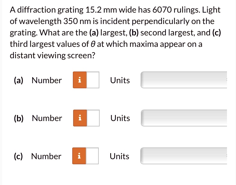 SOLVED: A diffraction grating 15.2 mm wide has 6070 rulings. Light of wavelength 350 nm is ...