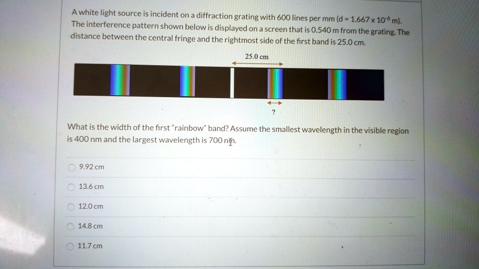 SOLVED: A white light source is incident on a diffraction grating with 600 lines per mm (d = 1 ...
