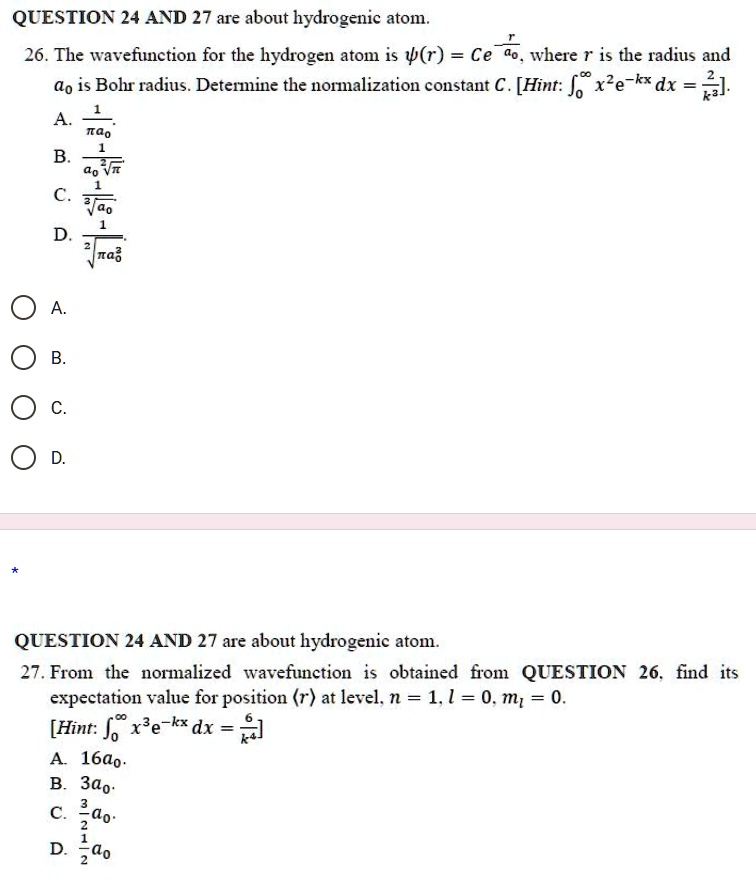 Solved Question 24 And 27 Are About Hydrogenic Atoms 26 The
