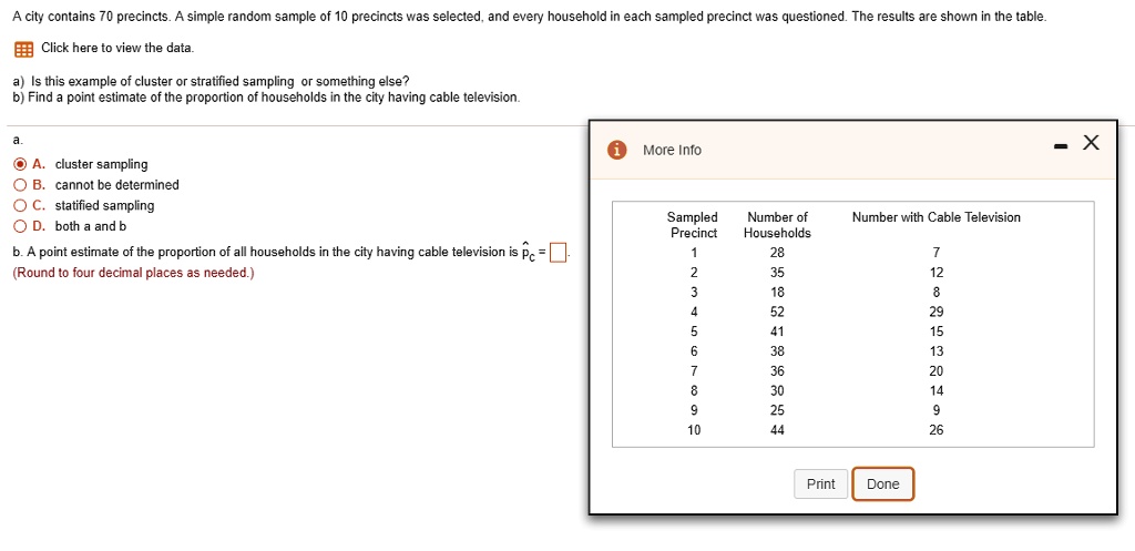 SOLVED: The city contains precincts. A simple random sample of 10 ...