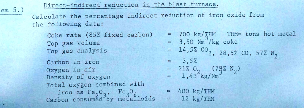 SOLVED: Direct-indirect reduction in the blast furnace. em 5 ...