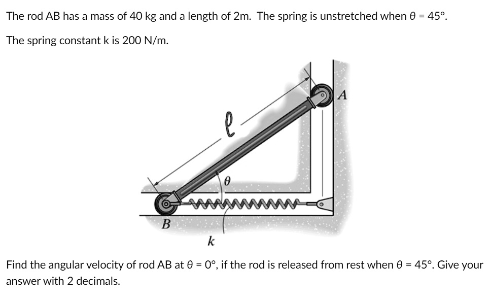 The rod AB has a mass of 40 kg and a length of 2m. The spring is ...
