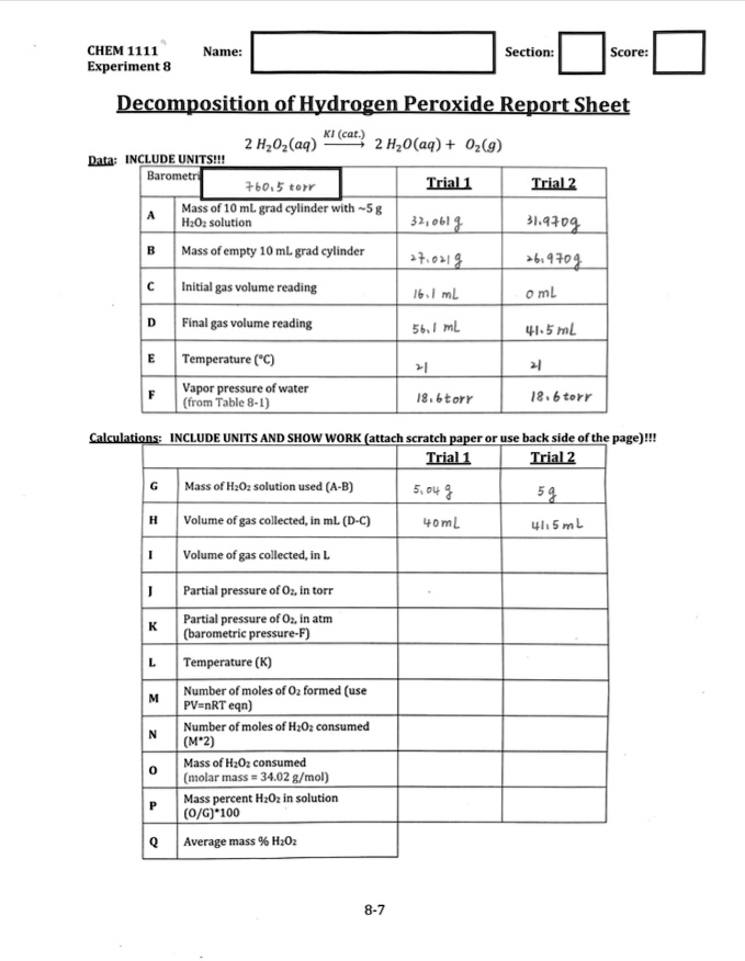 CHEM 1111 Experiment 8 Decomposition of Hydrogen Peroxide Report Sheet ...