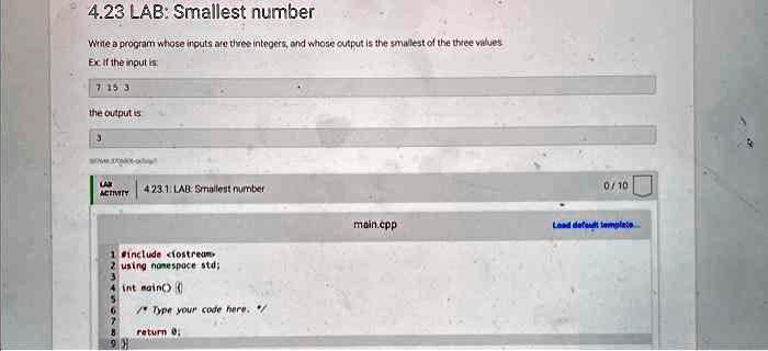 Solved Texts C Programming 423 Lab Smallest Number Write A Program Whose Inputs Are Three