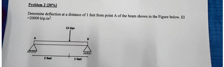 Problem 2 [30%] Determine deflection at a distance of 1 feet from point A of the beam shown in ...