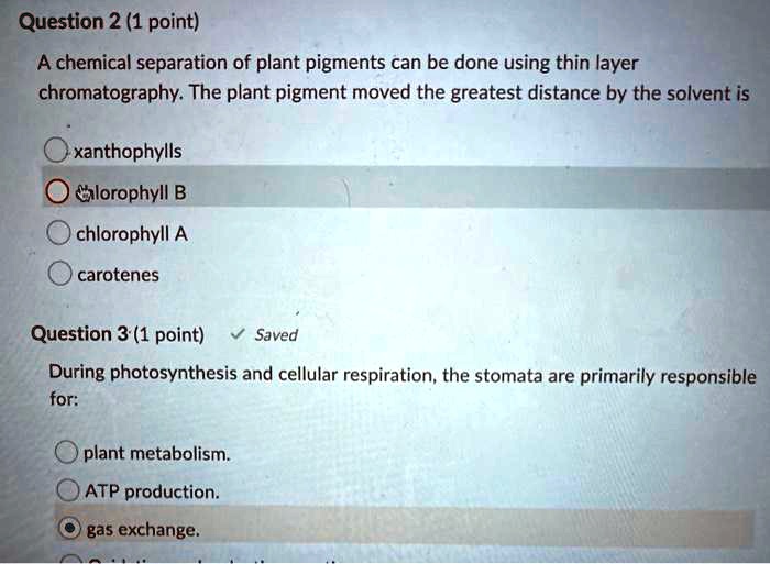 SOLVED: Question 2 (1 point) A chemical separation of plant pigments ...