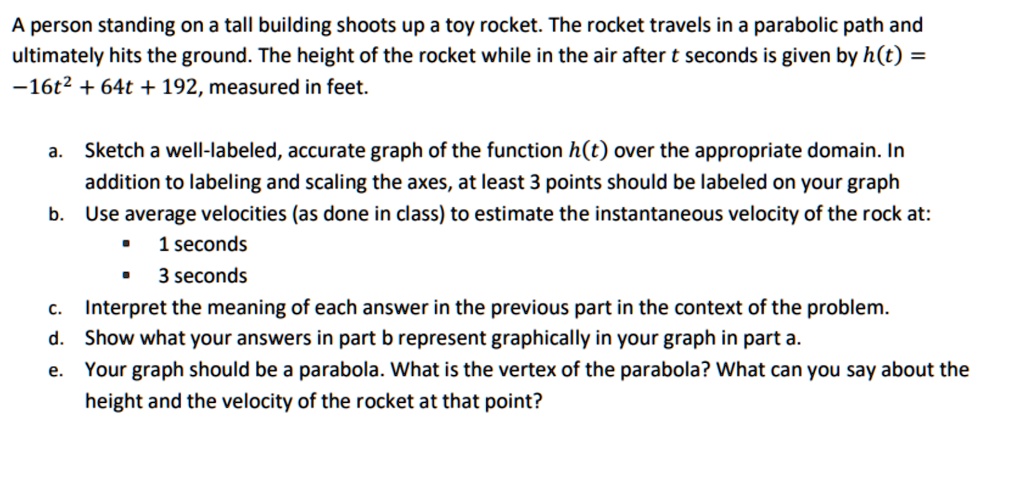 A person standing on a tall building shoots up a toy rocket. The rocket travels in a parabolic ...