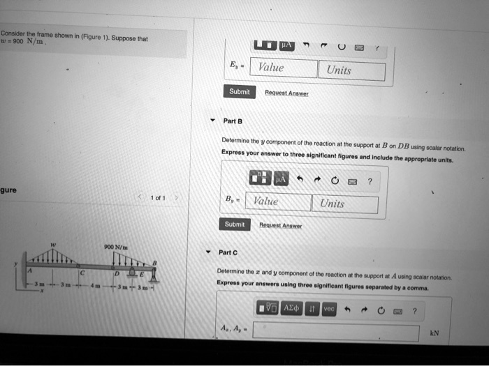 Consider the frame shown in (Figure 1). Suppose that w = 900 N/m. Part B Determine the y ...