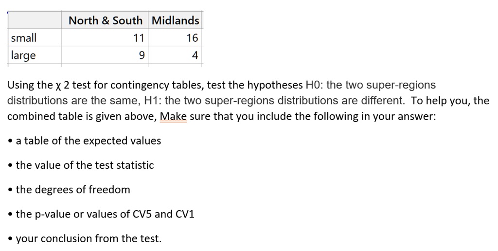 SOLVED: North South Midlands 11 16 small large Using the X 2 test for ...