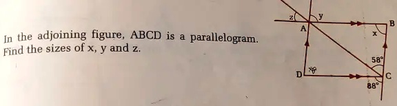 SOLVED: In the adjoining figure, ABCD is parallelogram: Find the sizes of x, y and 2.