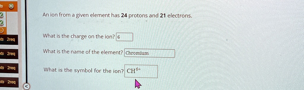an ion from a given element has 24 protons and 21 electrons what is the ...