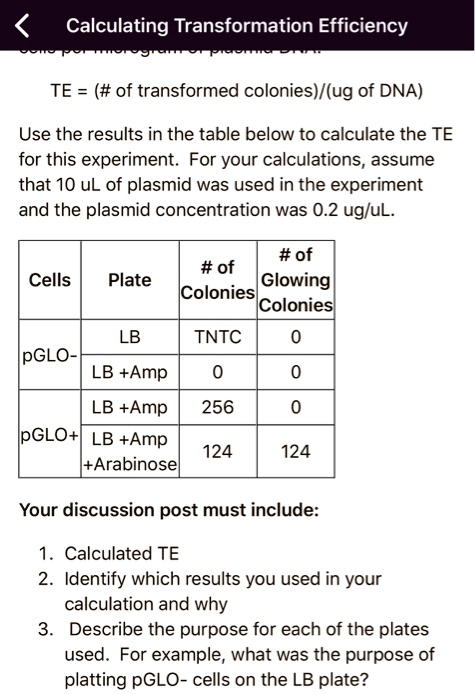calculating transformation efficiency te of transformed coloniesug of dna use the results in the ...