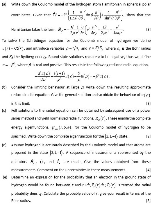 SOLVED: (a) Write down the Coulomb model of the hydrogen atom ...