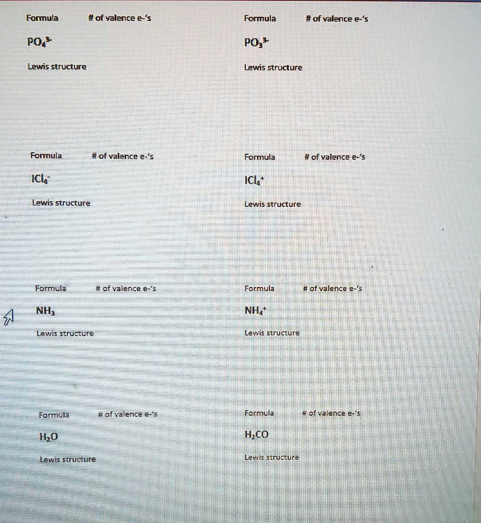 Formula # of valence e-'s Formula # of valence e-'s PO3^- PO4^3- Lewis ...