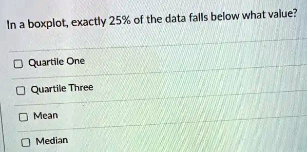 SOLVED: In a boxplot exactly 25% of the data falls below what value ...