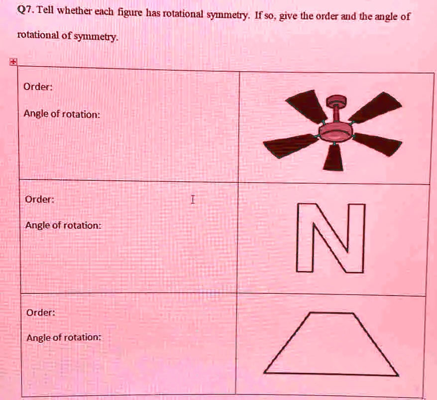 Q7. Tell whether each figure has rotational symmetry. If so, give the ...
