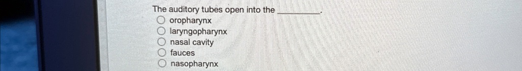 The auditory tubes open into the . ? oropharynx ? laryngopharynx ...