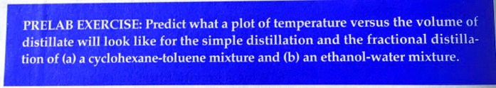 Solved Prelab Exercise Predict What A Plot Of Temperature Versus The Volume Of Distillate Will