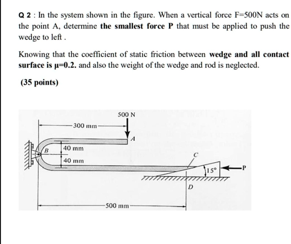 SOLVED: Q2: In the system shown in the figure, when a vertical force F = 500N acts on the point ...