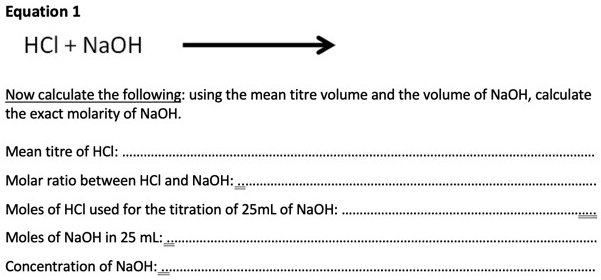 SOLVED: HOW TO CALCULATE Molarity Equation 1 HCl + NaOH Now calculate the following: using the ...