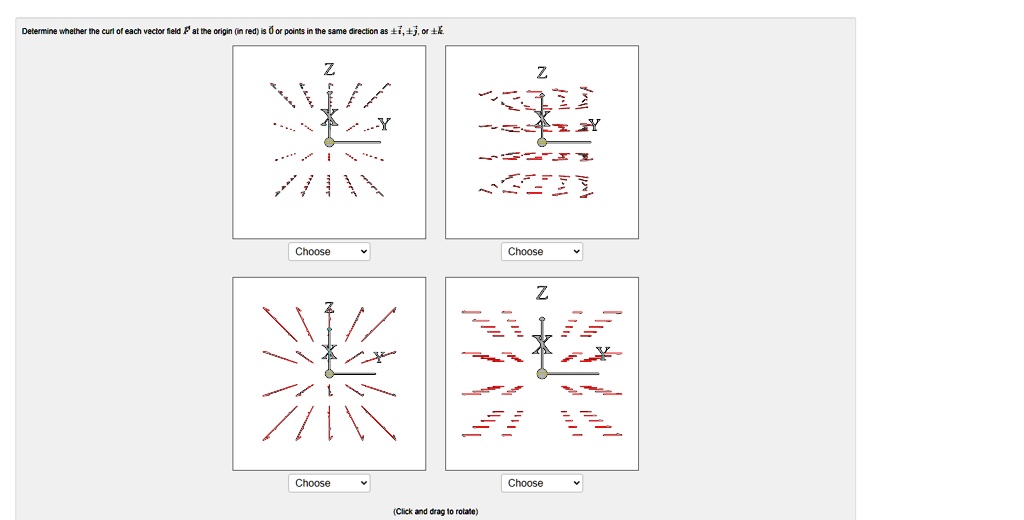 determine whether the curl of each vector field at the origin in red is or points in the same ...