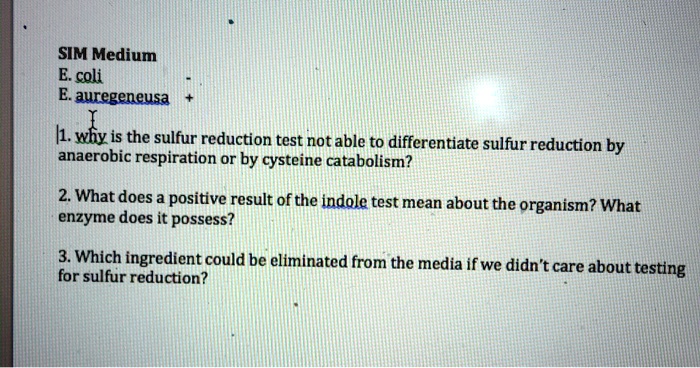 SOLVED: SIM Medium E. coli E. aureus is the sulfur reduction test not ...