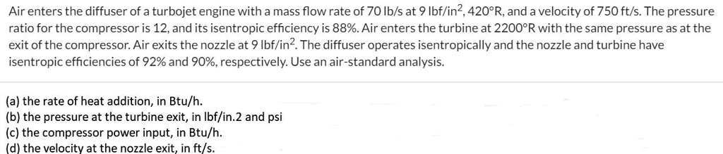 SOLVED: Air enters the diffuser of a turbojet engine with a mass flow ...