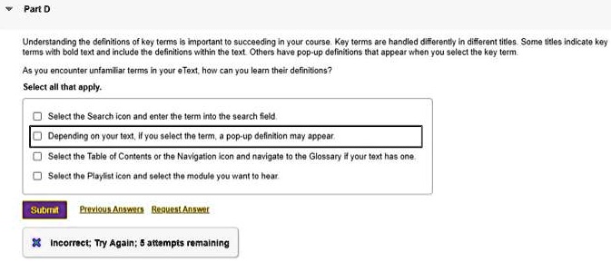 Part D Understanding the definitions of key terms is important to succeeding in your course. Key ...