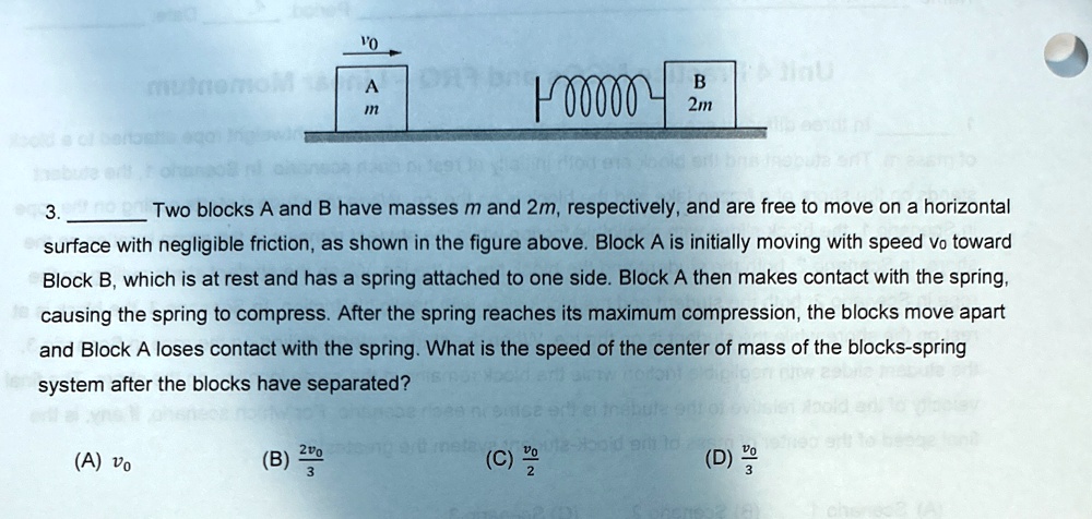 v0 a m b 2m two blocks a and b have masses m and 2m respectively and are free to move on a ...