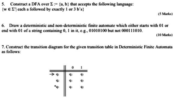 SOLVED: 5. Construct a DFA over a,b that accepts the following language: w | each a followed by ...