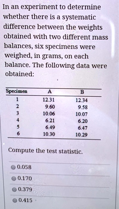 in an experiment to determine whether there is a systematic difference between the weights ...