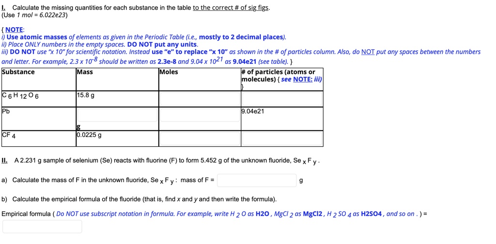 SOLVED: Calculate the missing quantities for each substance in the ...