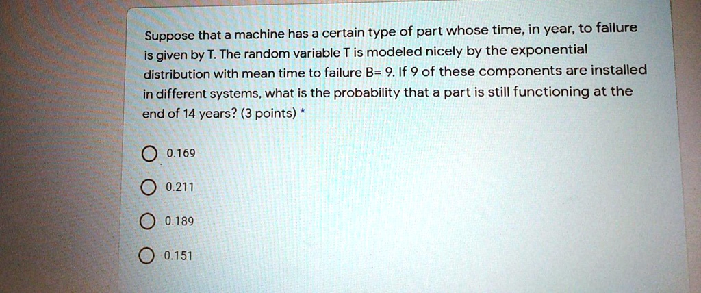 SOLVED: Suppose that a machine has a certain type of part whose time, in year; to failure is ...