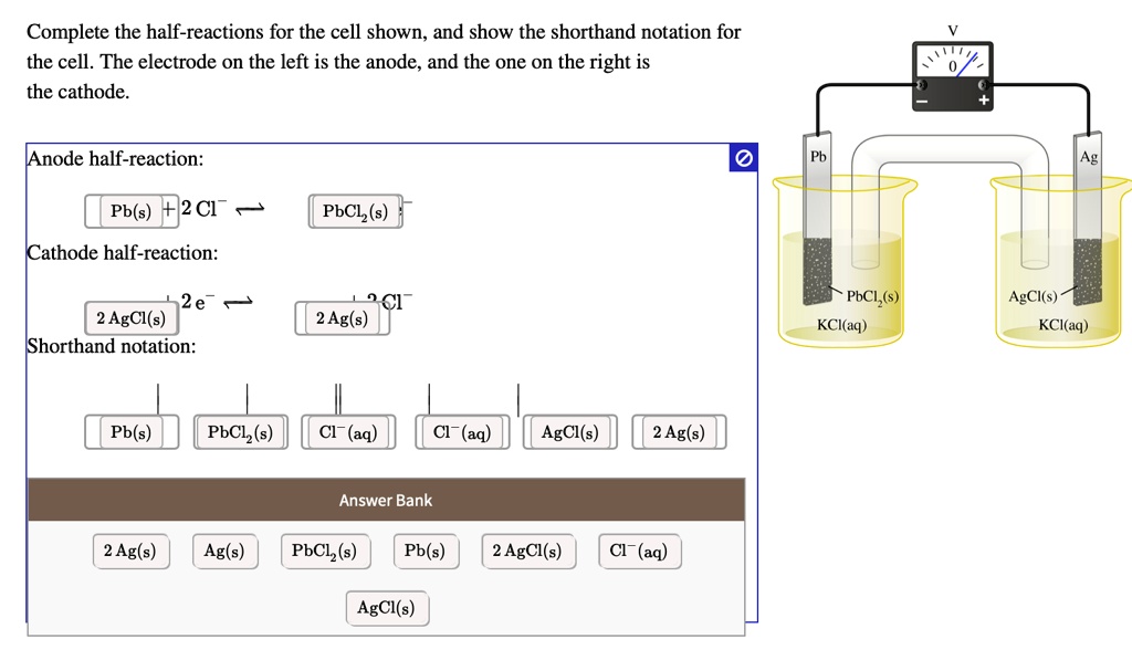 complete the half reactions for the cell shown and show the shorthand notation for the cell the ...