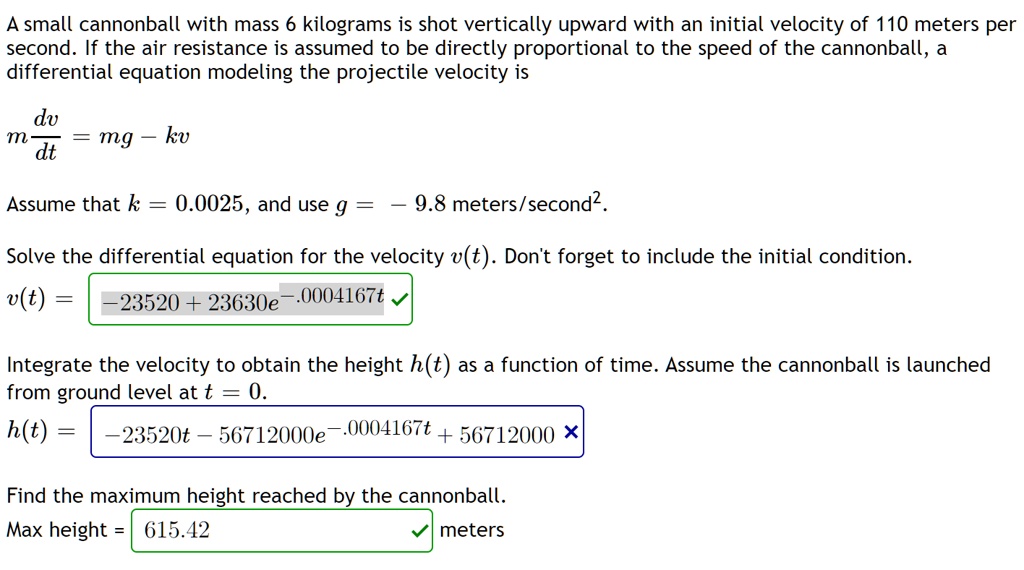 A small cannonball with mass 6 kilograms is shot vertically...