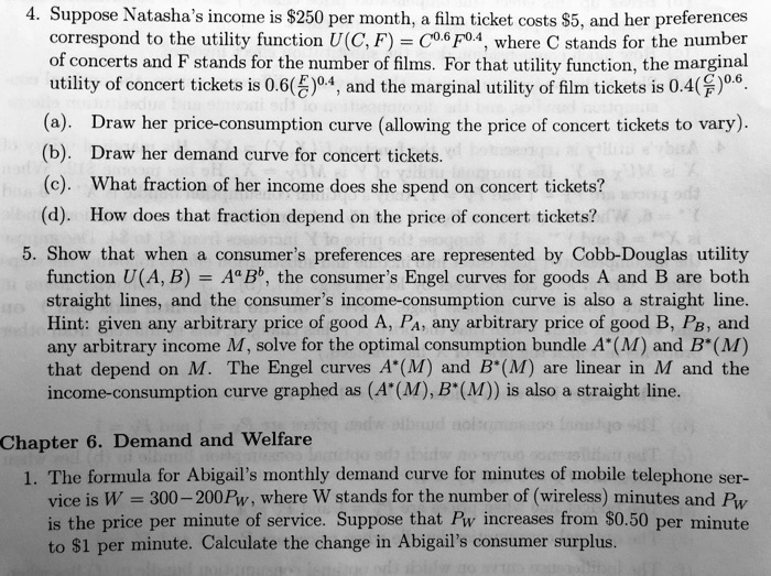 SOLVED: 4. Suppose Natasha's income is 250 per month, a film ticket ...