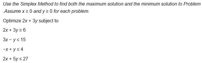 SOLVED: Use the Simplex Method to find both the maximum solution and the minimum solution to ...